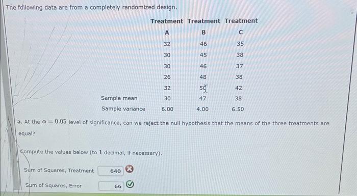 Solved The following data are from a completely randomized | Chegg.com