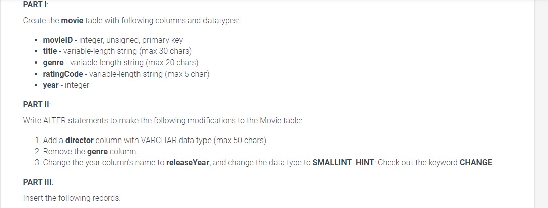Solved PART I:Create the movie table with following columns | Chegg.com