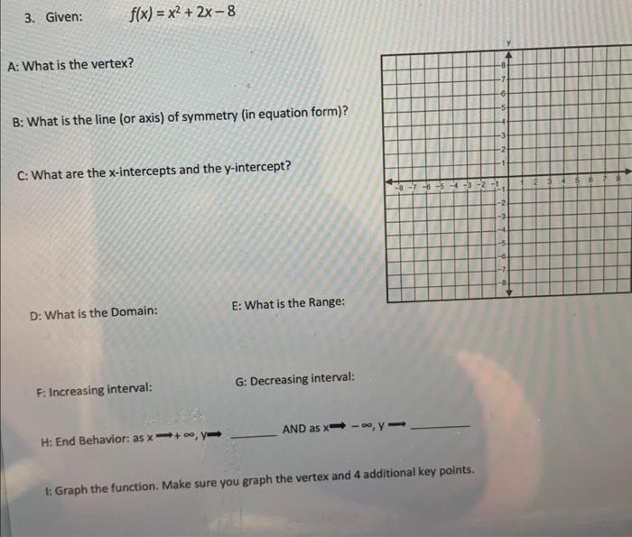Solved 3. Given: f(x)=x2+2x−8 A: What is the vertex? B: What | Chegg.com