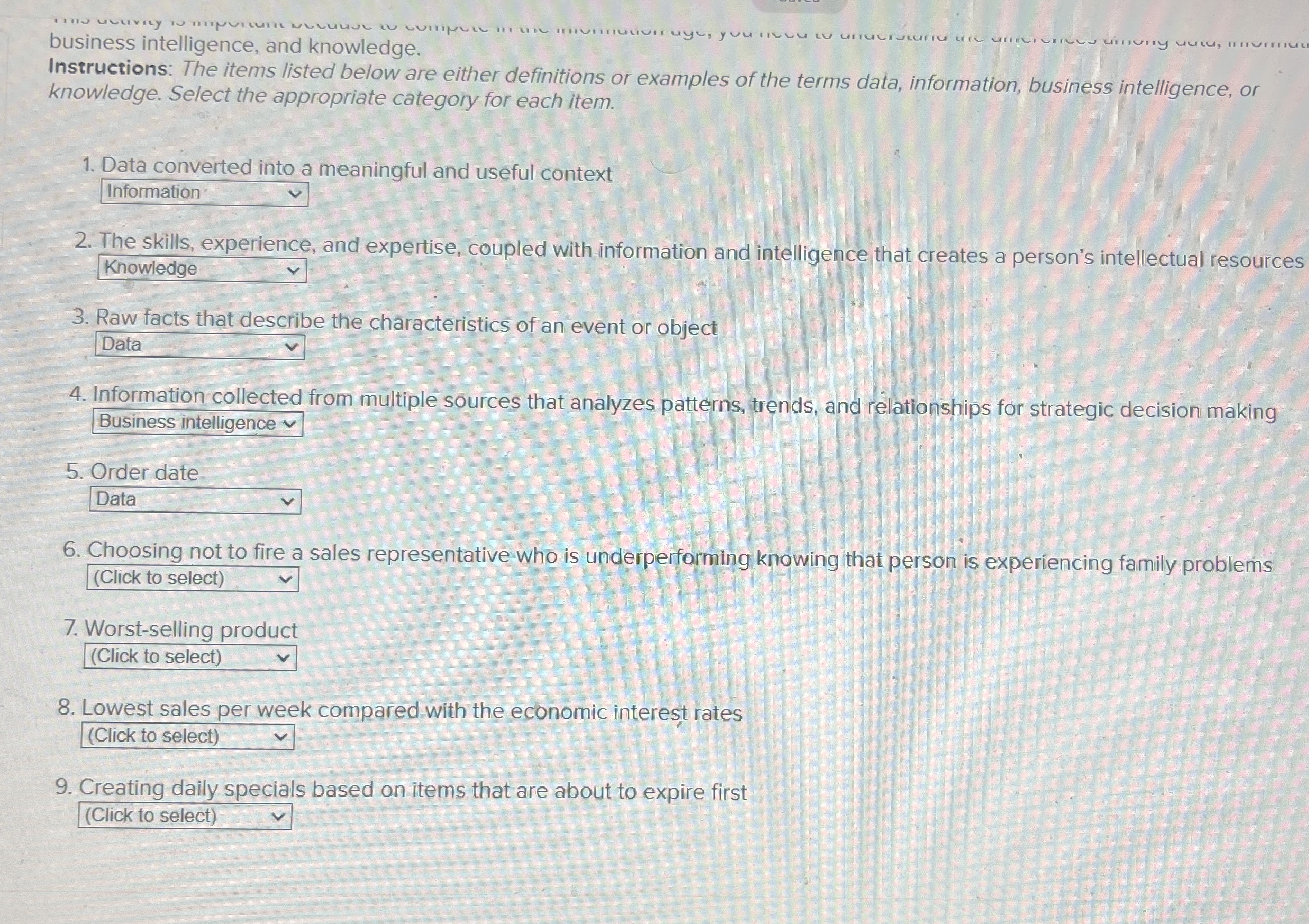 Solved business intelligence, and knowledge.Instructions: | Chegg.com