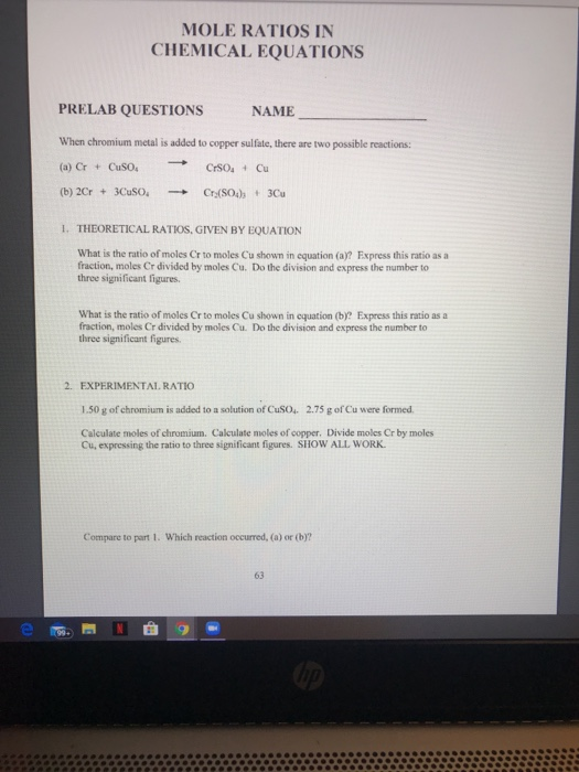 Solved MOLE RATIOS IN CHEMICAL EQUATIONS PRELAB QUESTIONS | Chegg.com