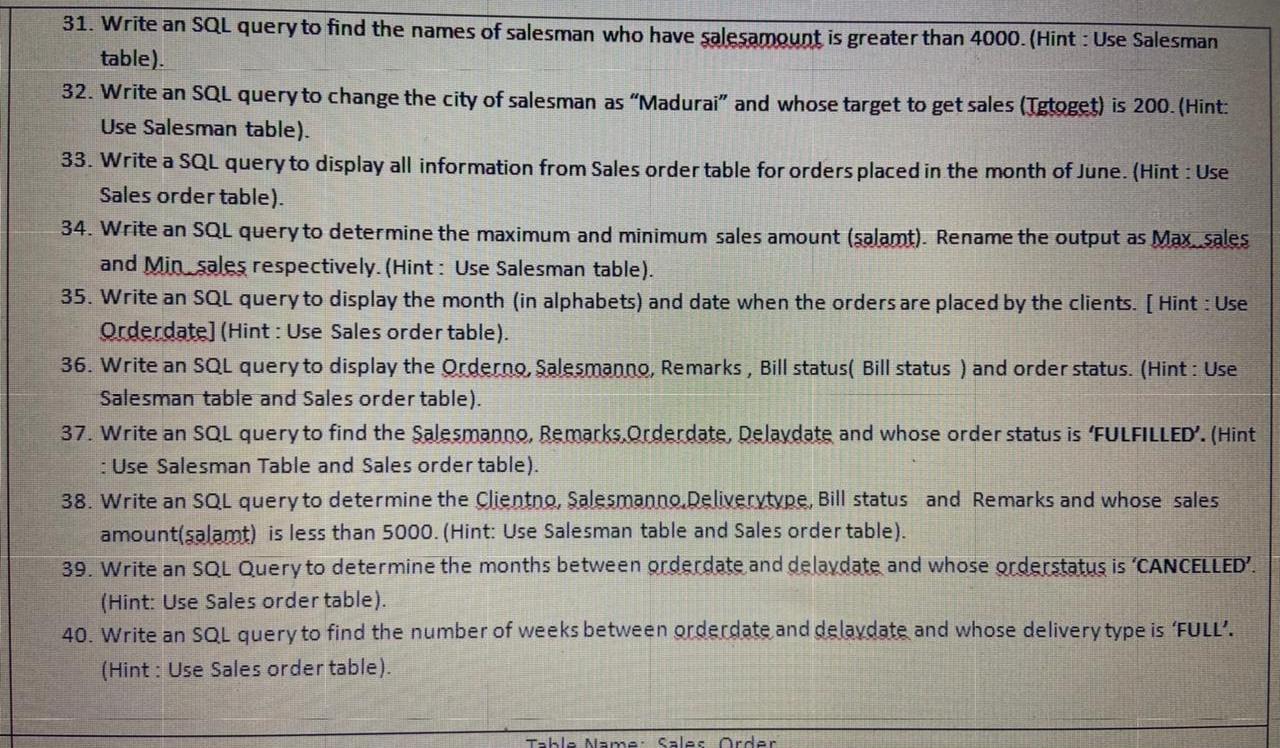 Solved 31 Write An Sql Query To Find The Names Of Salesman 2102