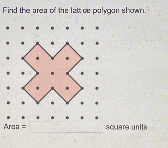 Solved Find the area of the lattice polygon shown. . Area = | Chegg.com