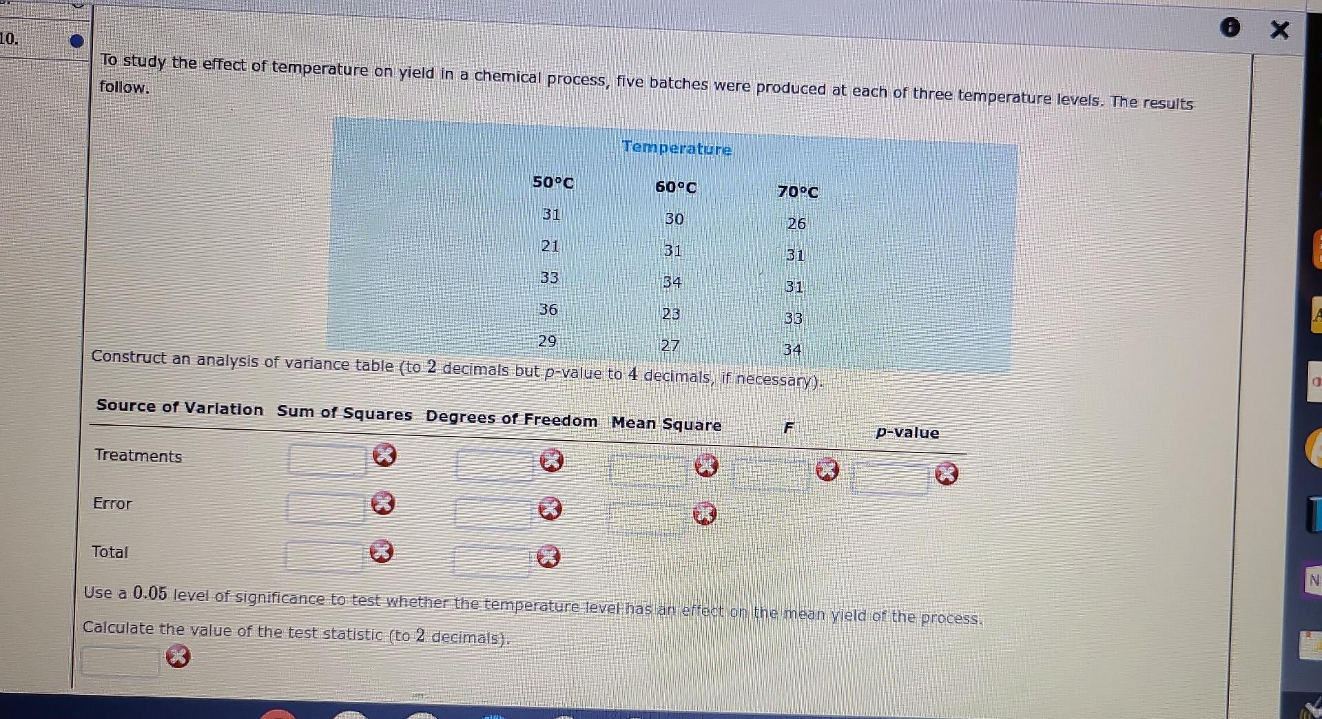 Solved To study the effect of temperature on yield in a | Chegg.com
