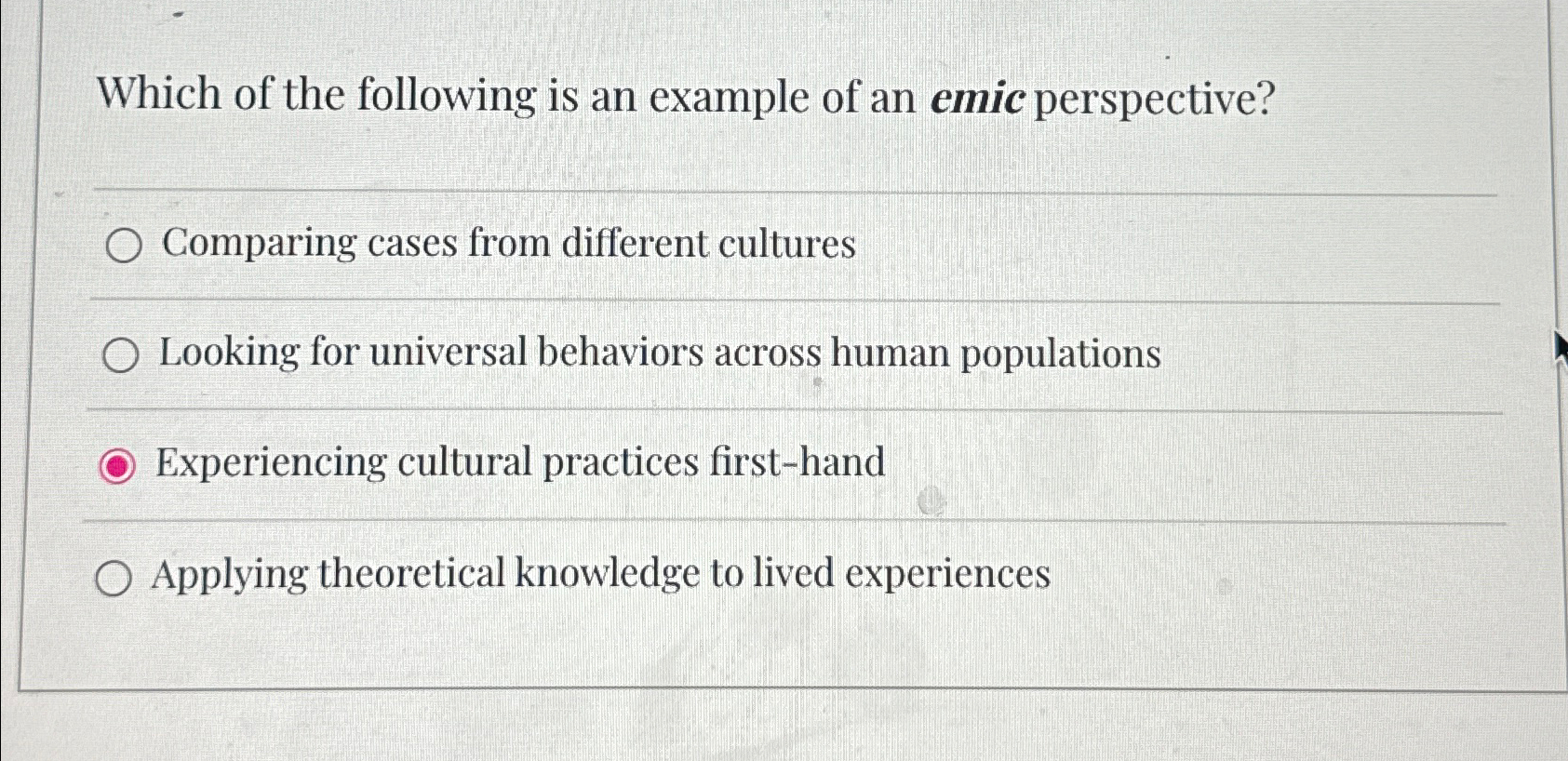 Solved Which of the following is an example of an emic | Chegg.com