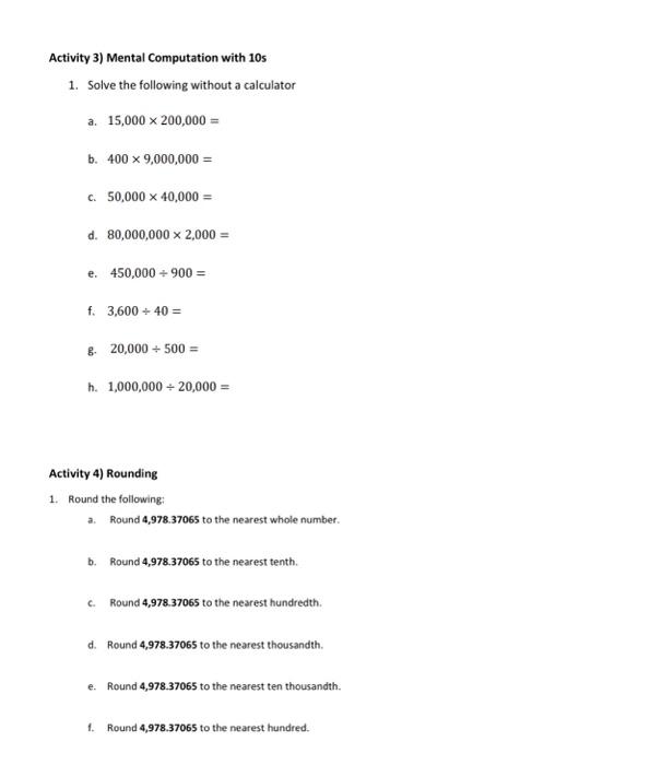 Solved Activity 3) Mental Computation with 10 s 1. Solve the | Chegg.com