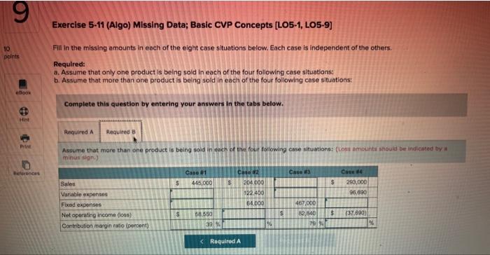 Solved Exercise 5-11 (Algo) Missing Data; Basic CVP Concepts | Chegg.com Solved Exercise 5-11 (Algo) Missing Data; Basic CVP Concepts | Chegg.com