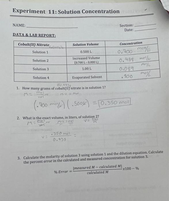 Solved Experiment 11: Solution Concentration NAME: Section: | Chegg.com