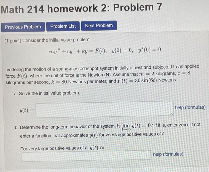 Solved Math 214 homework 2: Problem 7 (1 point) Consider the | Chegg.com