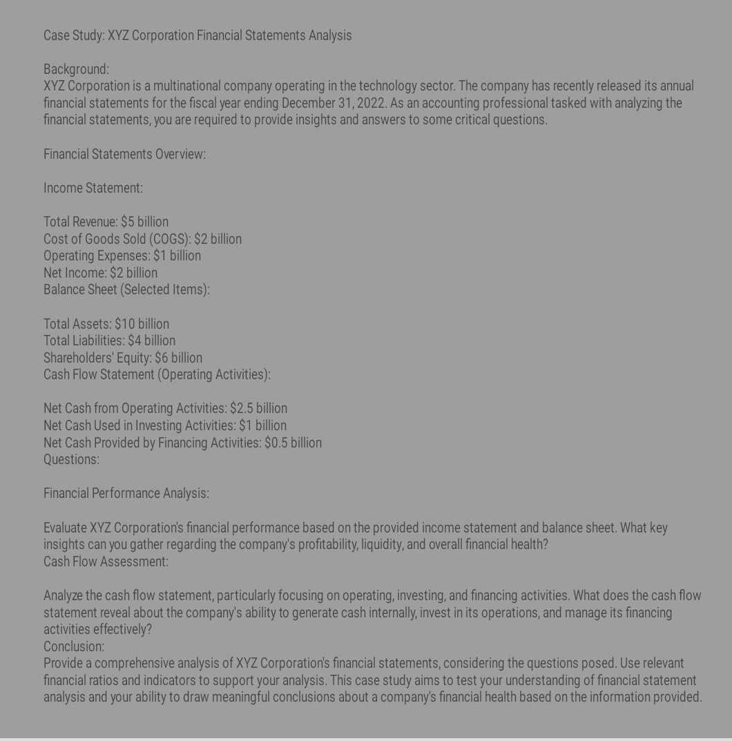 Solved Case Study: XYZ Corporation Financial Statements | Chegg.com