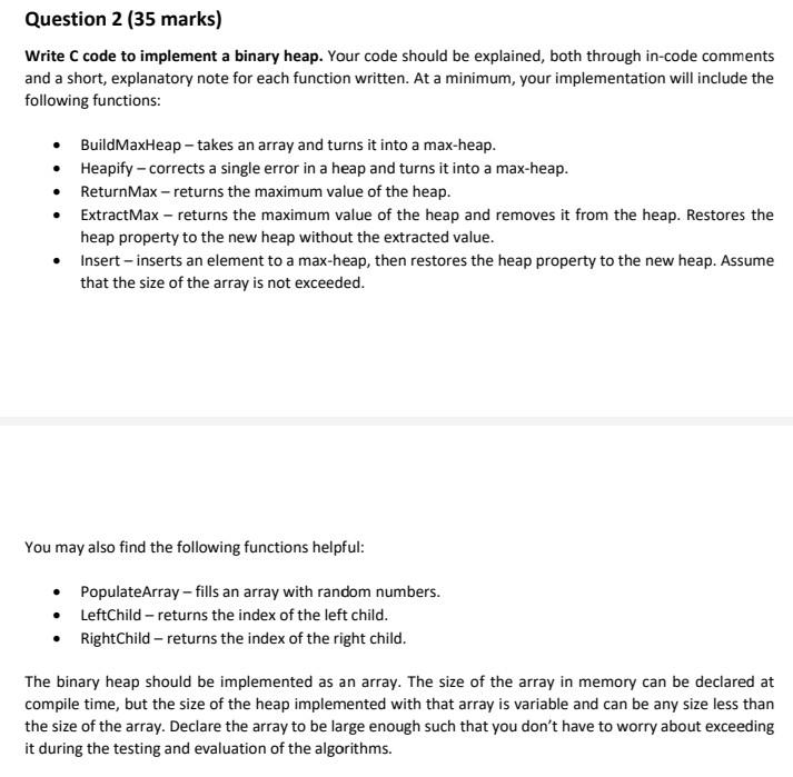 Solved Question 2 (35 marks) Write C code to implement a | Chegg.com