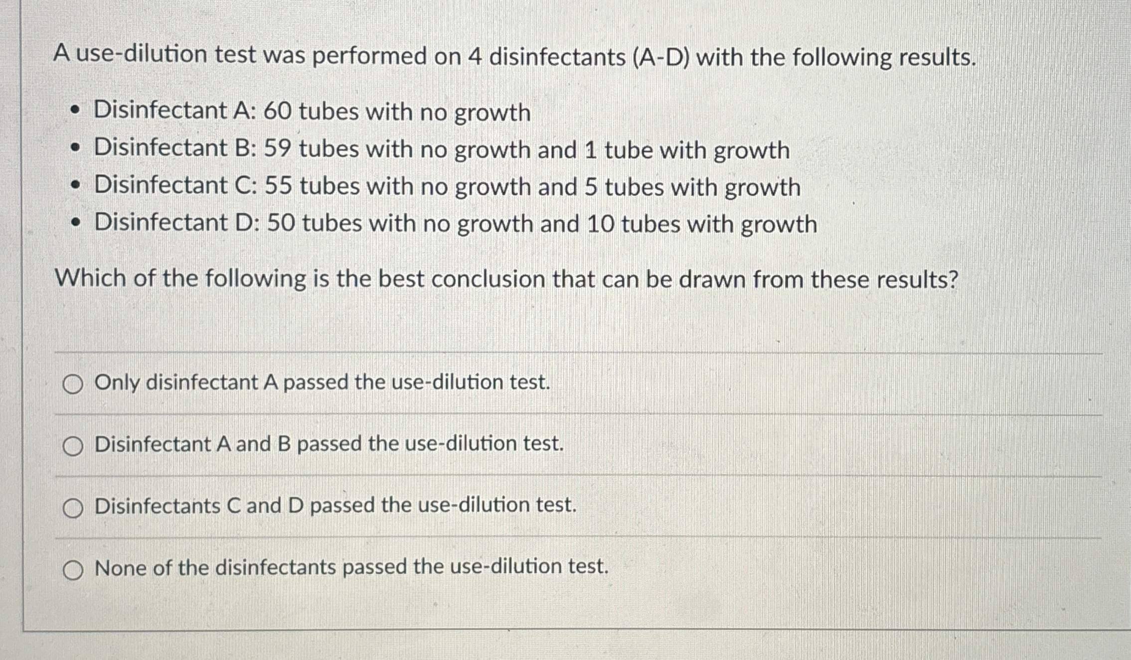 Solved A use-dilution test was performed on 4 ﻿disinfectants | Chegg.com