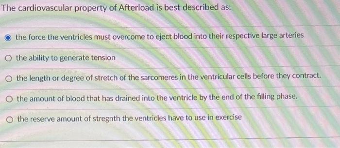 Solved The cardiovascular property of Afterload is best | Chegg.com
