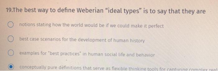 Solved 19.The best way to define Weberian "ideal types" is | Chegg.com
