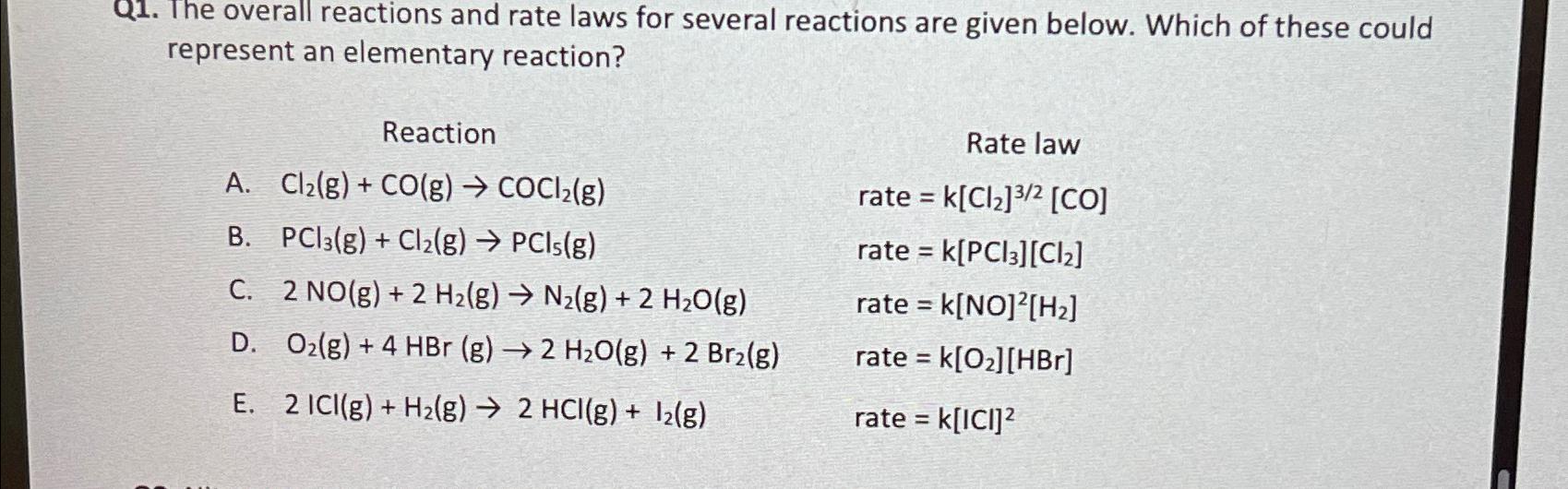 Solved Q1. ﻿The overall reactions and rate laws for several | Chegg.com