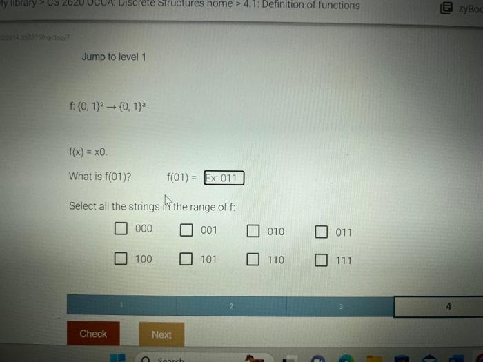 Solved Jump to level 1 f. {0,1}2→{0,1}3 f(x)=x0. What is | Chegg.com