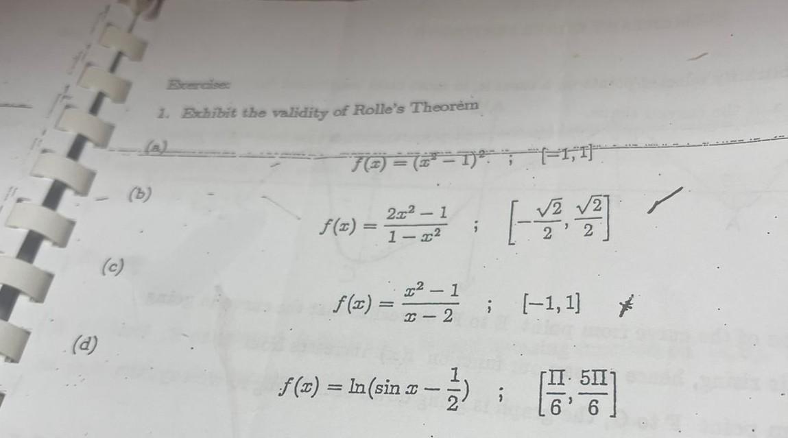 Solved 1. Brabibit the validity of Rolle's Theorem (a) (b) | Chegg.com