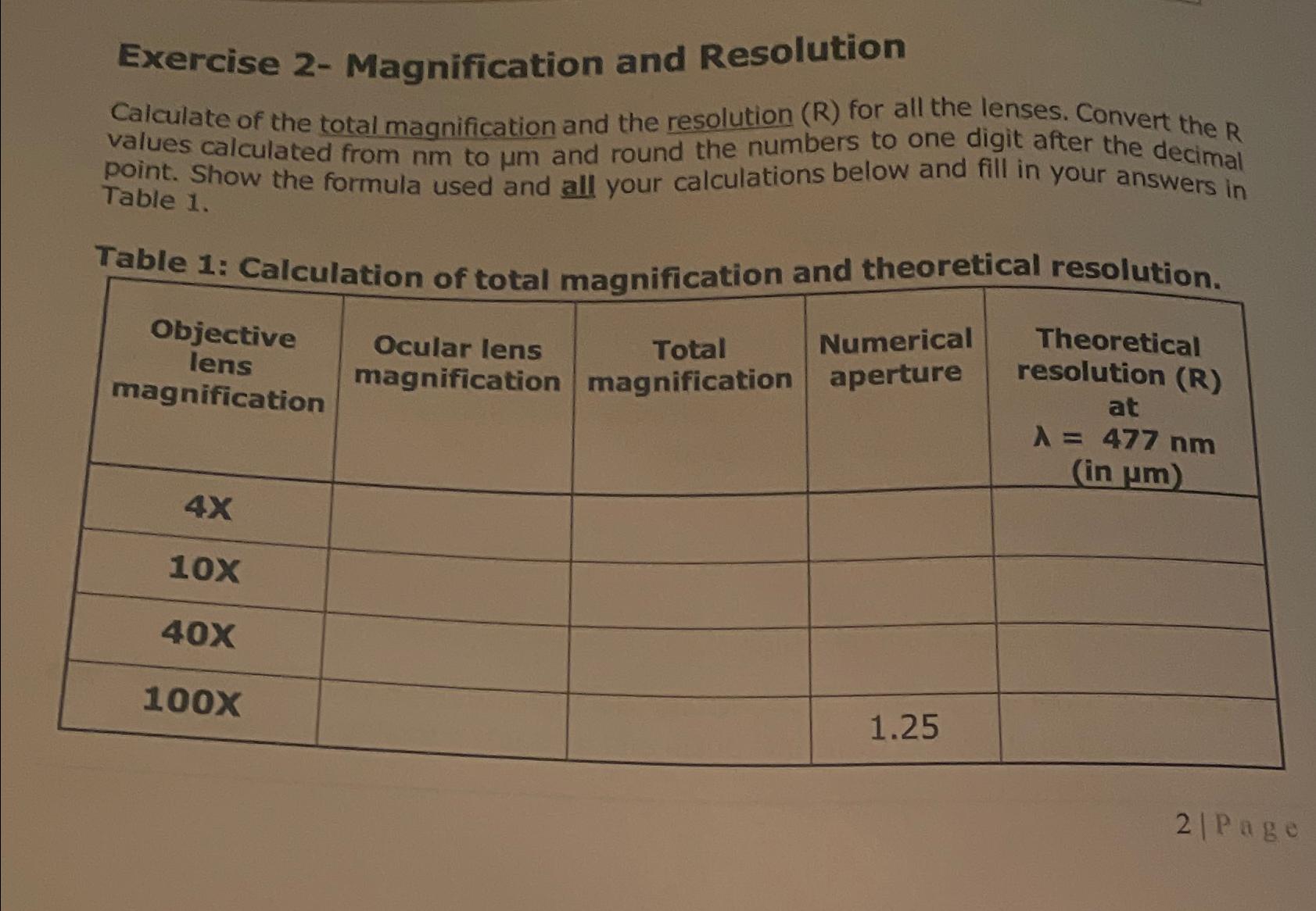 Solved Exercise 2- ﻿Magnification and ResolutionCalculate of | Chegg.com