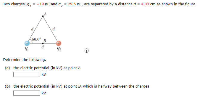 Solved Two charges, q1=-19nC ﻿and q2=29.5nC, ﻿are separated | Chegg.com
