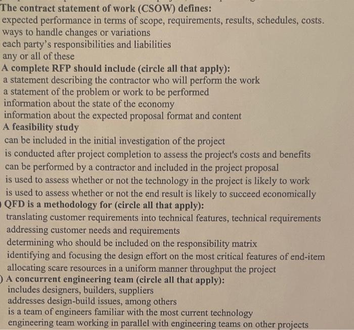 Solved The contract statement of work (CSOW) defines: | Chegg.com