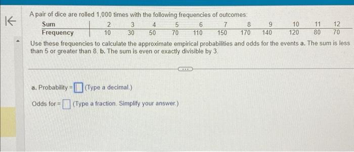 Solved A pair of dice are rolled 1,000 times with the | Chegg.com