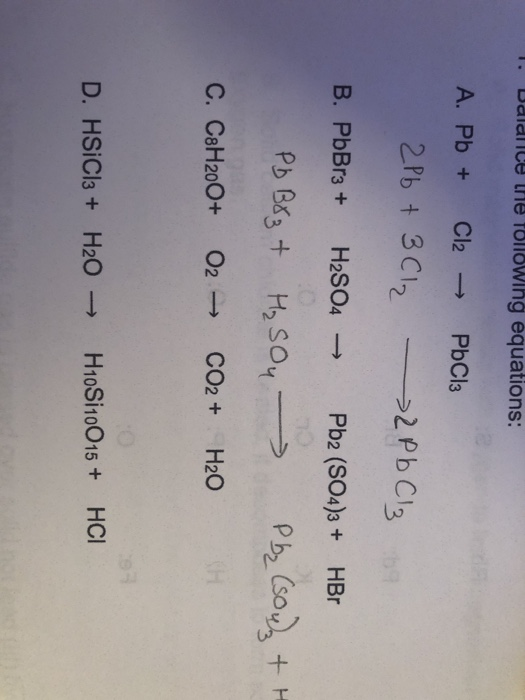 Solved Dalalice the following equations: PbCl3 A. Pb + Cl2 | Chegg.com
