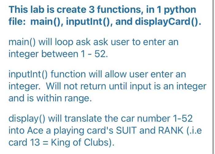 This lab is create 3 functions, in 1 python file: | Chegg.com