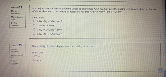 Solved Question 22 Not yet In a pn junction, the built-in | Chegg.com