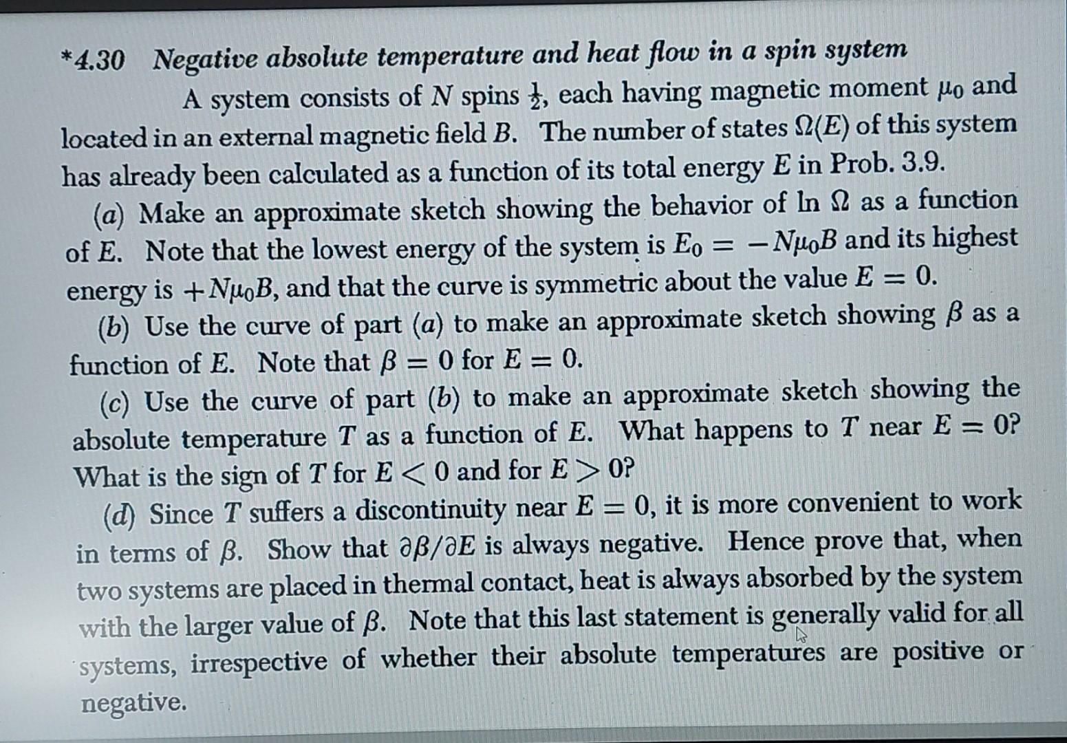 Solved *4.30 Negative absolute temperature and heat flow in | Chegg.com