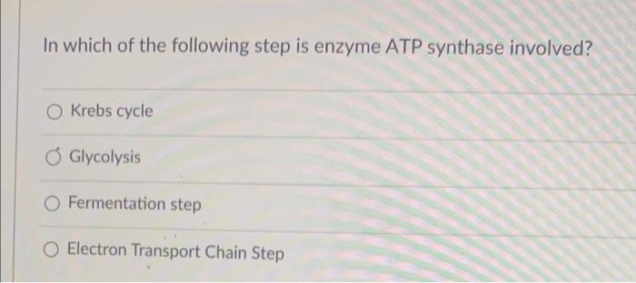 Solved In which of the following step is enzyme ATP synthase | Chegg.com