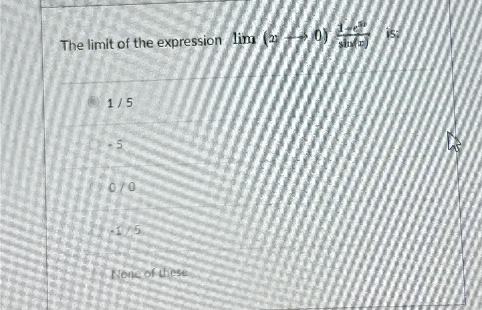 Solved The limit of the expression lim?(x→0)1-e3xsin(x) | Chegg.com