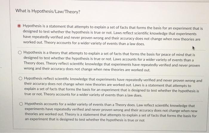 Solved What is Hypothesis/Law/Theory? Hypothesis is a | Chegg.com