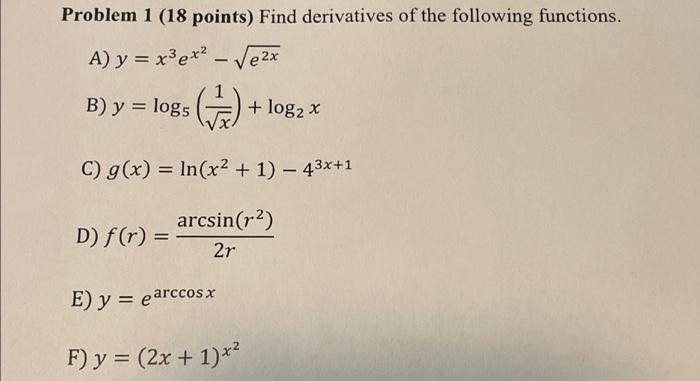 Solved Problem 1 (18 points) Find derivatives of the | Chegg.com