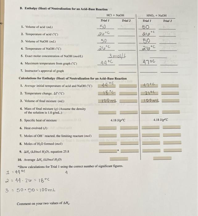 Solved B. Enthalpy (Heat) of Neutralization for an Acid-Base | Chegg.com