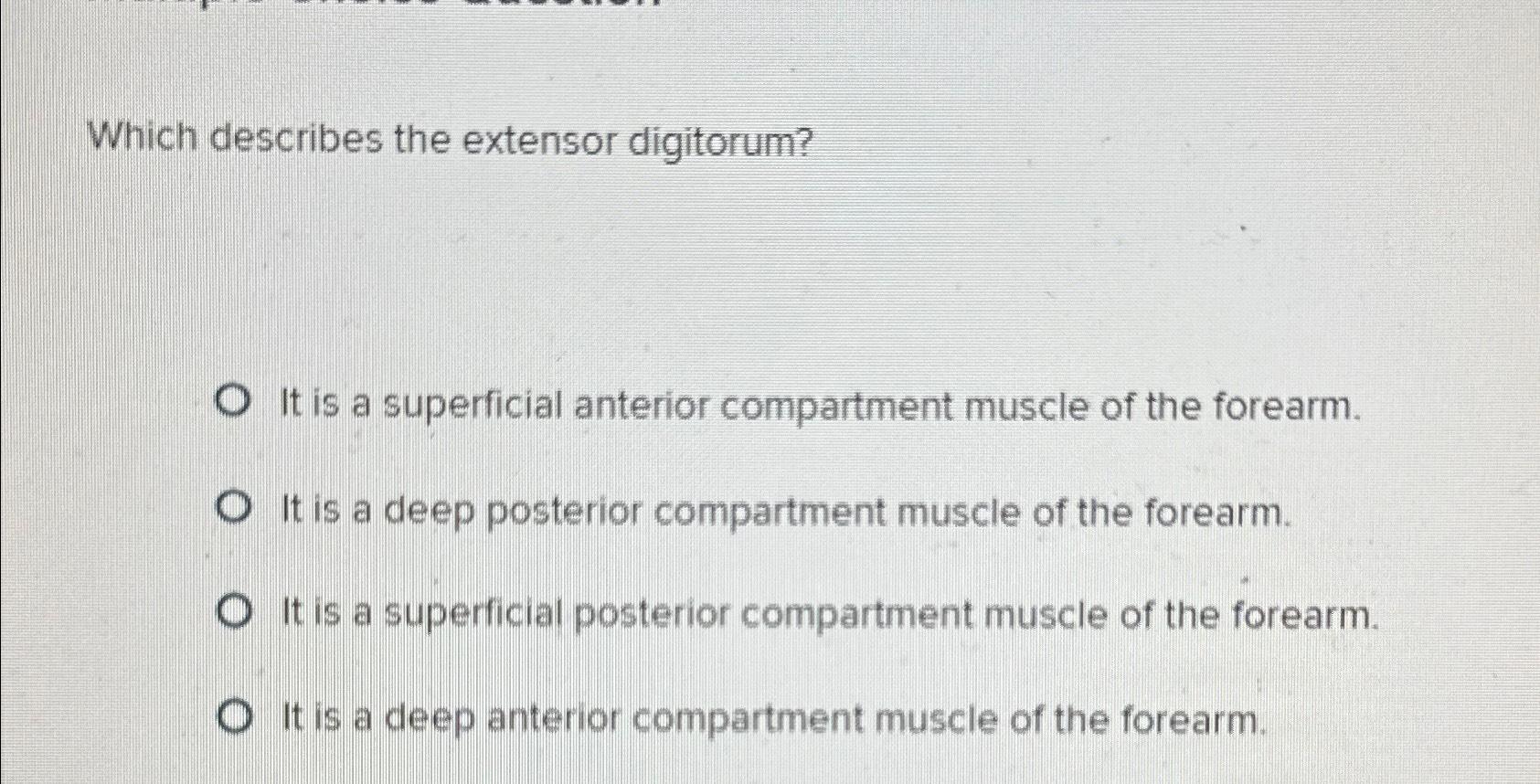 Solved Which describes the extensor digitorum?It is a | Chegg.com