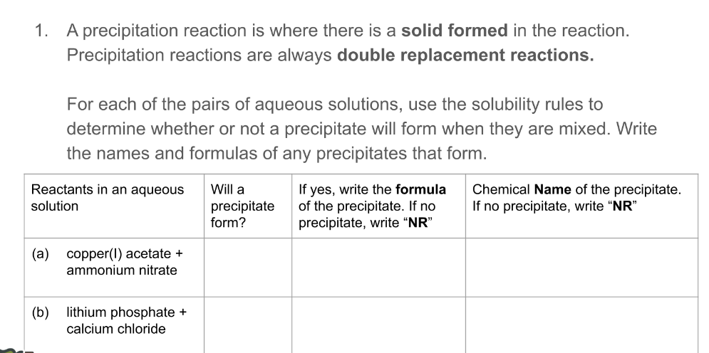 Solved A precipitation reaction is where there is a solid | Chegg.com