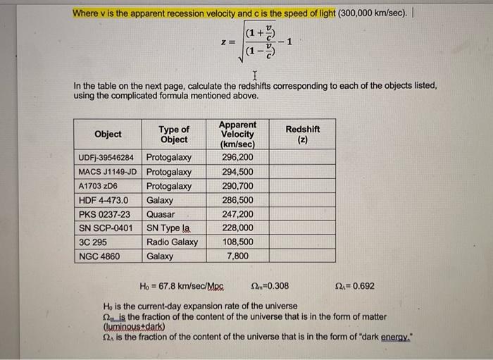 Solved Where v is the apparent recession velocity and c is | Chegg.com