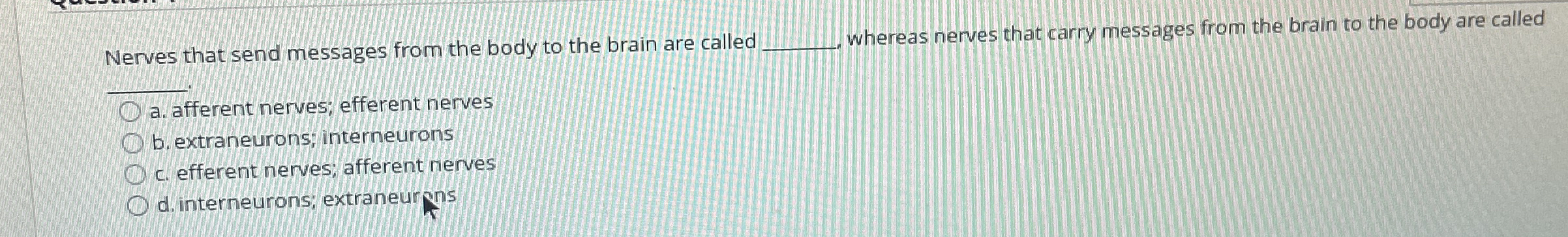 Solved Nerves that send messages from the body to the brain | Chegg.com