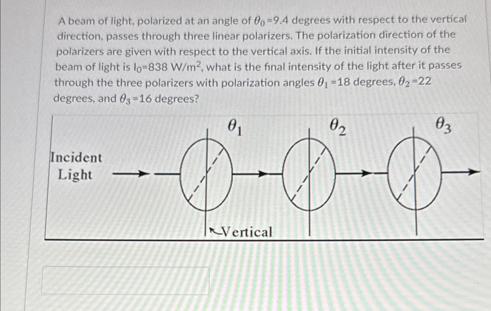 Solved A beam of light, polarized at an angle of θ0=9.4 | Chegg.com