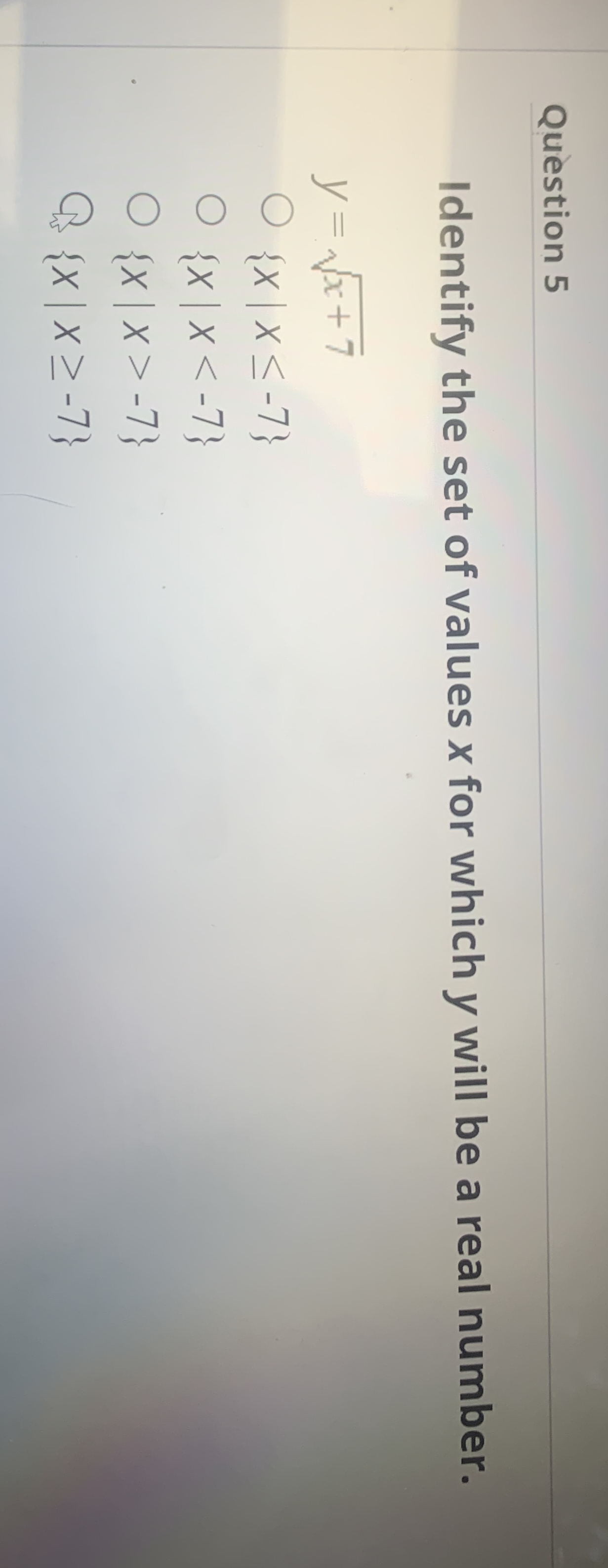 Solved Question 5Identify the set of values x ﻿for which y | Chegg.com