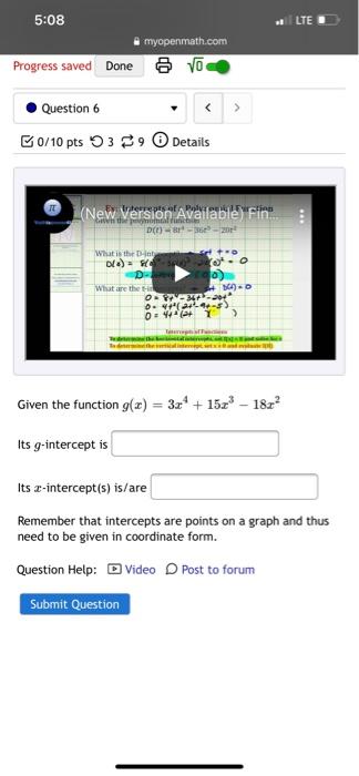 Solved 5:08 LTE myopenmath.com vo Progress saved Done > | Chegg.com