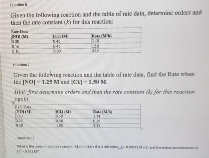 Solved Question 6 Given the following reaction and the table | Chegg.com
