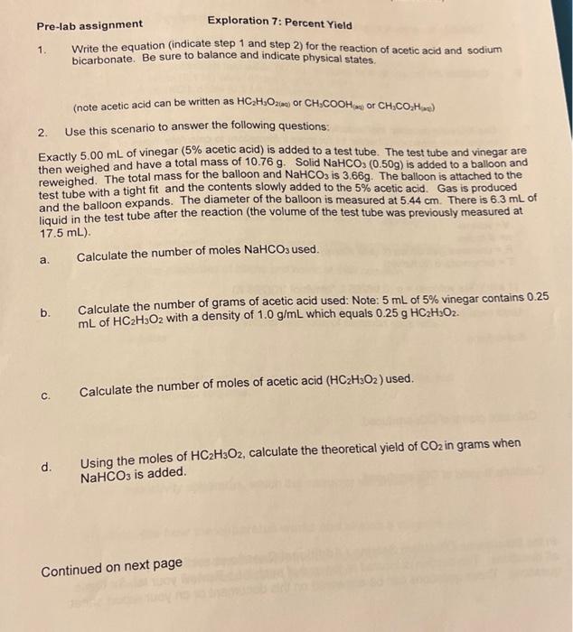 Solved Pre-lab assignment Exploration 7: Percent Yield Write | Chegg.com