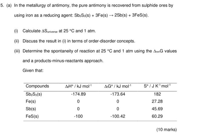 Solved (a) In the metallurgy of antimony, the pure antimony | Chegg.com