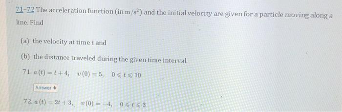 Solved 71-72 The acceleration function (in m/s) and the | Chegg.com