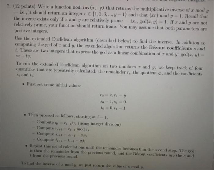Solved (12 points) Write a function mod.inv (x,y) that | Chegg.com