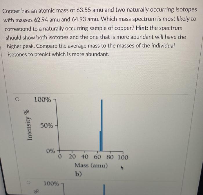 Solved Copper has an atomic mass of 63.55 amu and two | Chegg.com