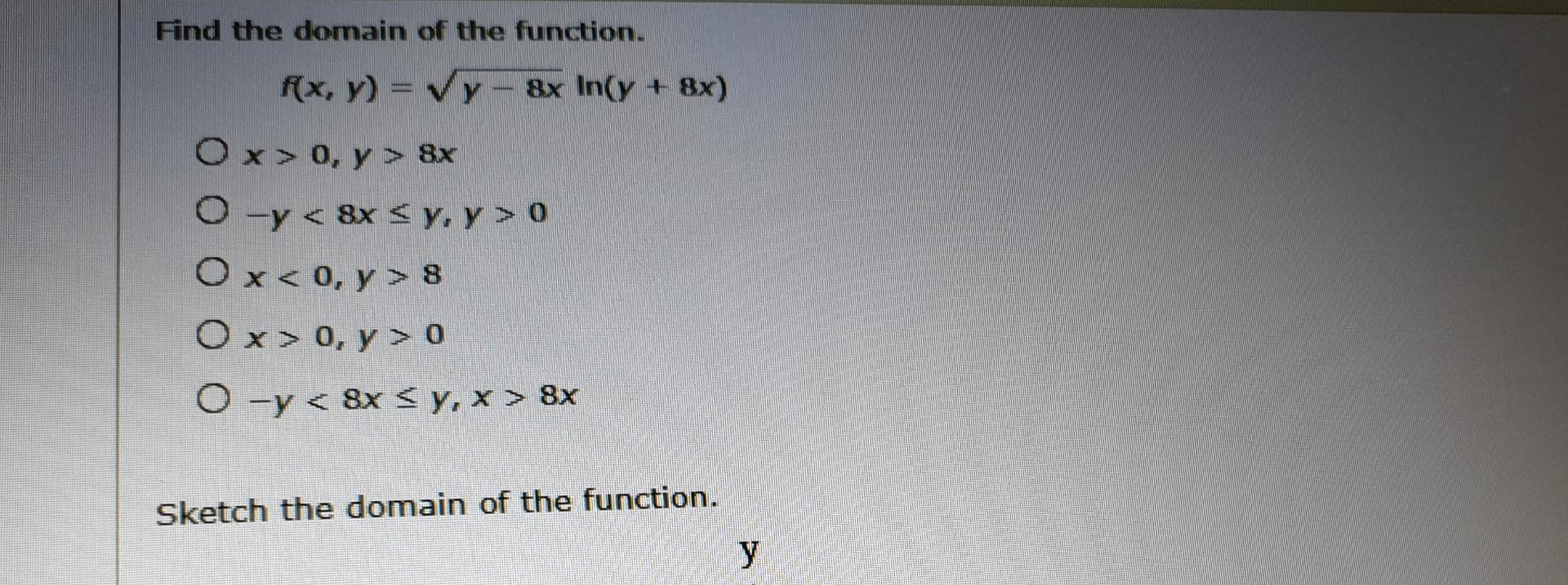 Solved Find the domain of the function. f(x, y) = y - 8x | Chegg.com