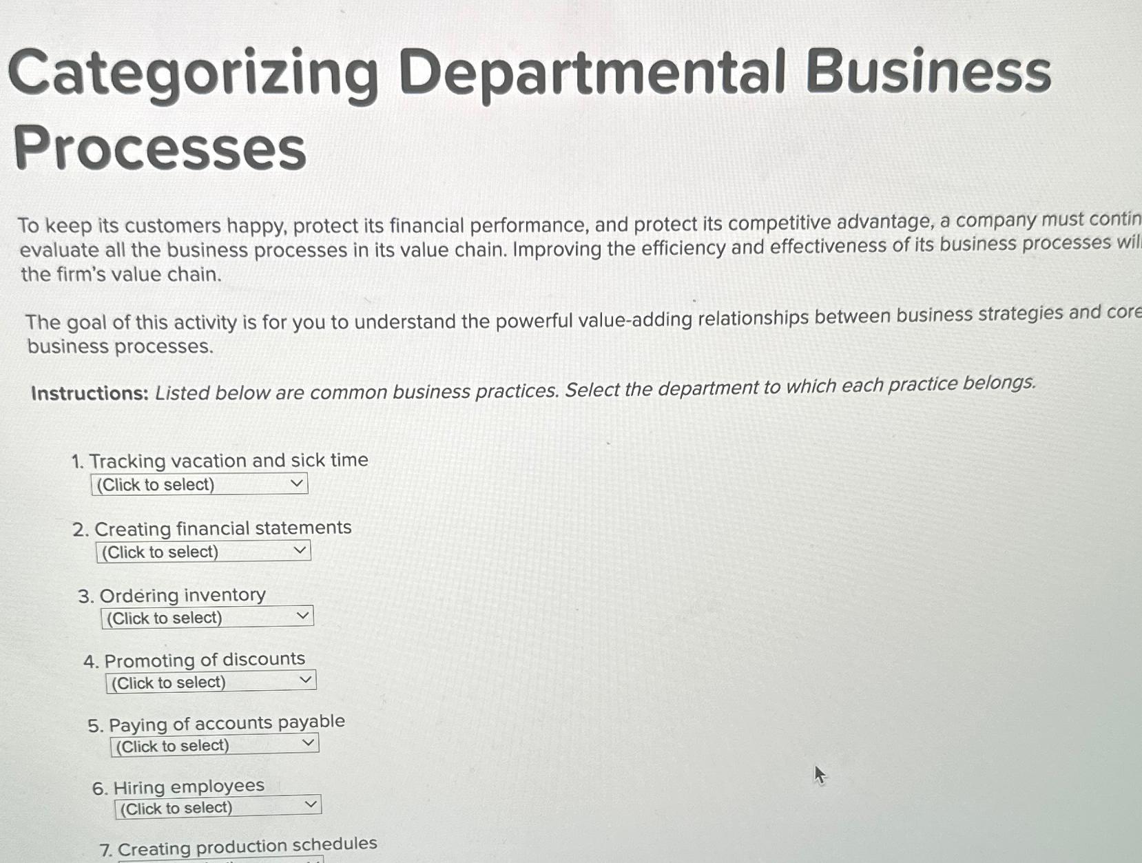 Categorizing Departmental Business ProcessesTo keep | Chegg.com