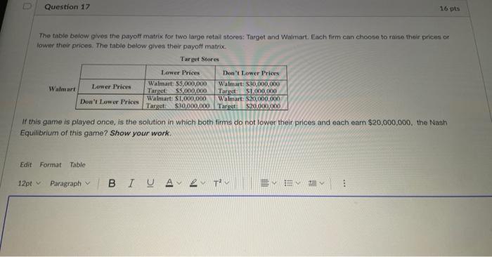 Solved The table below giveg the payoff matrix for two large | Chegg.com